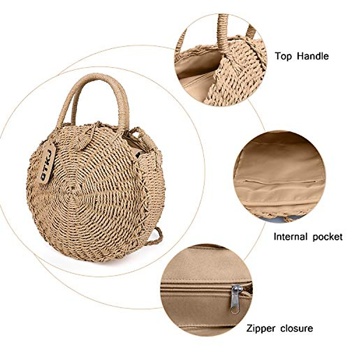 QTKJ Mini Beach Round Rattan Straw Bag, Summer Hand Woven Bali Straw Tote Crossbody Handbag for Womens, Round Handle Beach Handbags (Khaki)