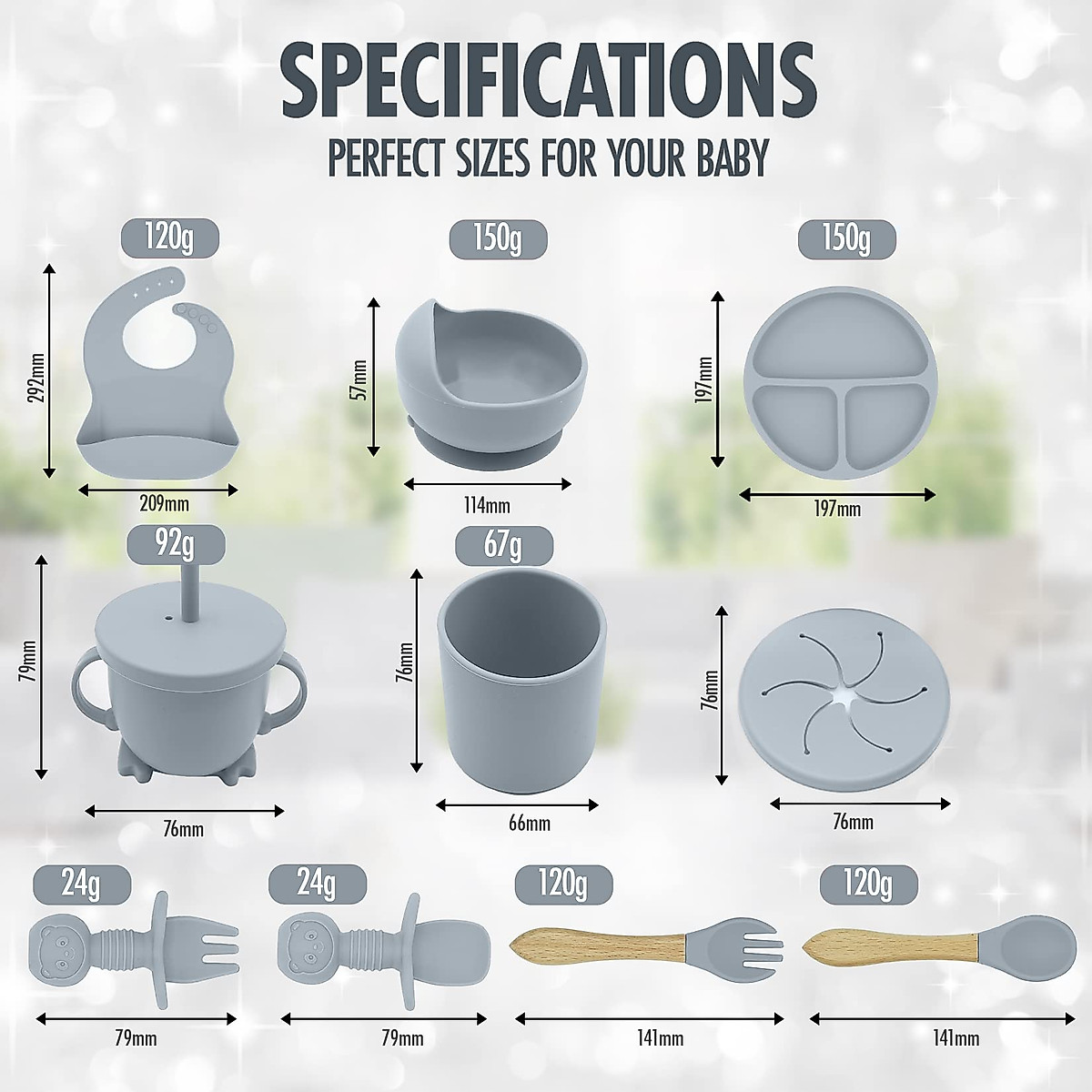 Blue Gray-10 Piece Silicone Baby Feeding Set-Baby Led Weaning Supplies-Baby Eating Supplies, Baby Plates/Toddler Plates, Bib, Sippy Cup, Baby Spoons First Stage 4 months, and Infant Silicone Fork