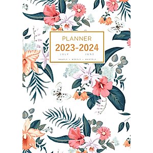 Planner July 2023-2024 June: A4 Large Notebook Organizer with Hourly Time Slots | Orchid with Tropical Flower Design White