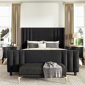 AMERLIFE King Size Bed Frame, Velvet Upholstered Platform Bed with Vertical Channel Tufted Headboard & Footboard/Wingback, Mattress Foundation with Wood Slats, No Box Spring Needed, Black