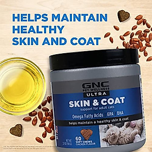 GNC Pets Ultra Skin & Coat Soft Chews, Cats, Chicken Flavor. 60-ct in an 8-oz Canister | Skin and Coat Supplements for Cats in Chewable Chicken Flavor