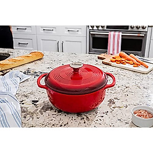 Lodge 4.5 Quart Enameled Cast Iron Dutch Oven with Lid – Dual Handles – Oven Safe up to 500° F or on Stovetop - Use to Marinate, Cook, Bake, Refrigerate and Serve – Island Spice Red
