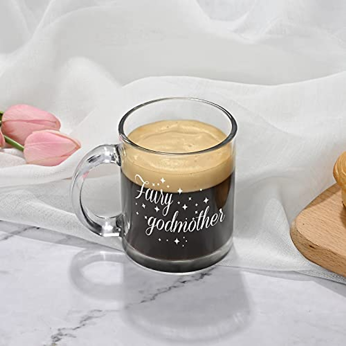 DAZLUTE Fairy Godmother Gifts, Godmother Glass Coffee Mugs, Mother’s Day Christmas Birthday Baptism Gifts for Godmother Women Mom from Godchildren, 11Oz Clear Coffee Cups With Handle