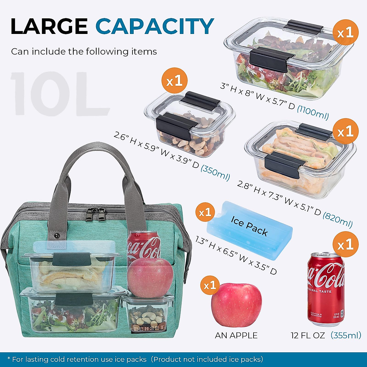 ECHSRT Insulated Lunch Tote Bag & 10L Insulated Lunch Bag with Shoulder Strap 2pack Blue & Green