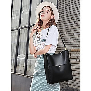 Seammer Genuine Leather Bucket Handbags for Women Large Designer Hobo Shoulder Handbag Purse Black