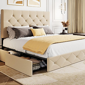 SHA CERLIN Upholstered Full Size Platform Storage Bed Frame with 4 Drawers, Adjustable Headboard with Diamond Button Tufted Design, Wooden Slat Support, No Box Spring Needed, Beige