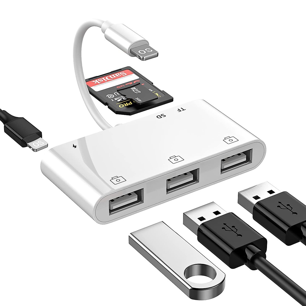 K-mate Compatible with iPhone/iPad to USB Adapter, 6 in 1 USB Camera to iPhone/ iPad Adapter with SD & TF Card Reader, Power Delivery, Compatible with iPhone/iPad/iPod and More USB Device White