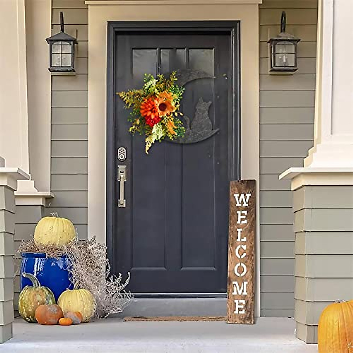 Halloween Wreaths Front Door Wreath Black, Fall Wreaths Scene Party Farmhouse Hello Sign Props Halloween Purple Outdoor Decor Window Hanging