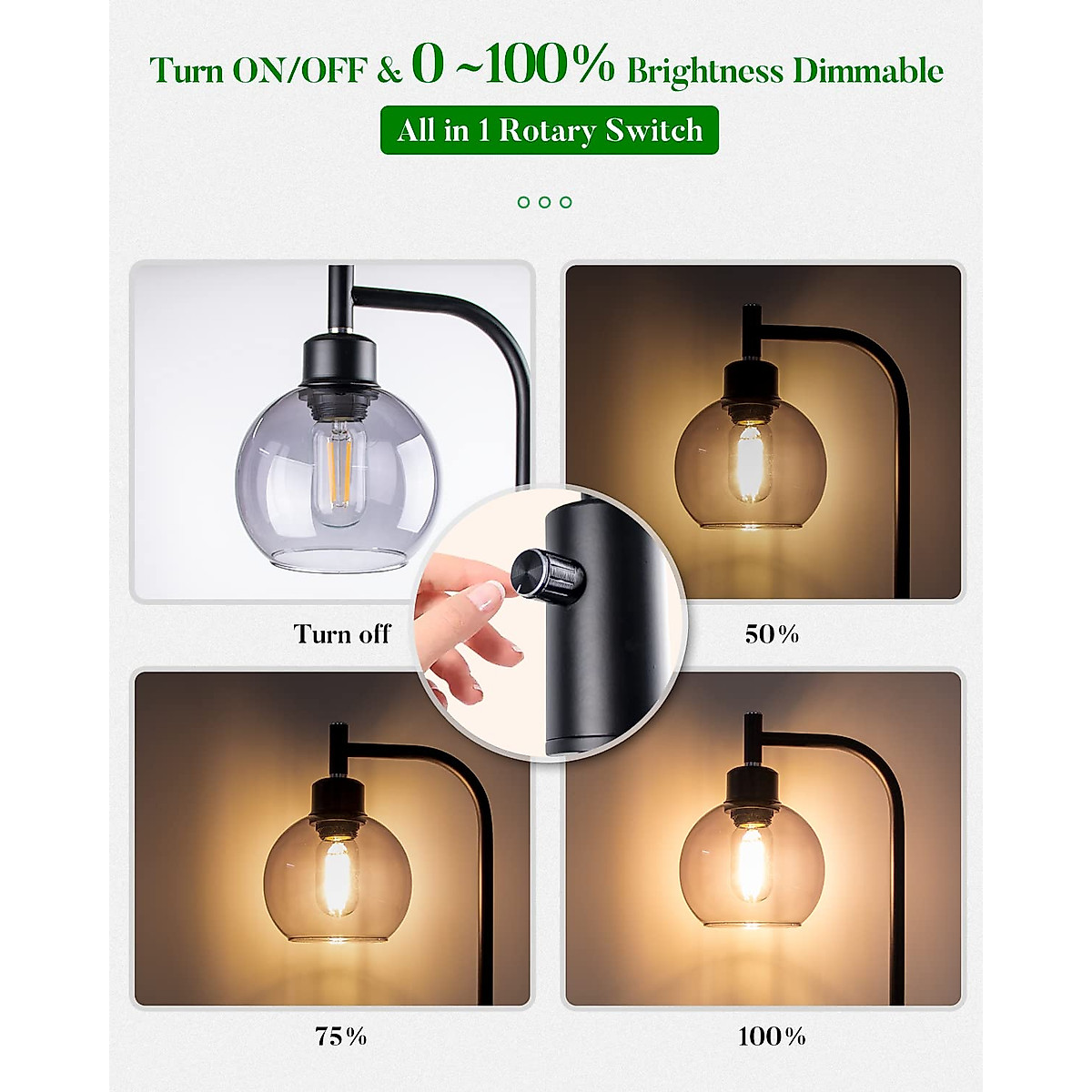 bulbeats 68IN Industrial Floor Lamp, Dimmable (Brightness Adjustable) Standing Tall Lamps for Living Room, Modern Floor Lamp with Grey Glass Shade, Bulb Included, Farmhouse Mid Century Decor