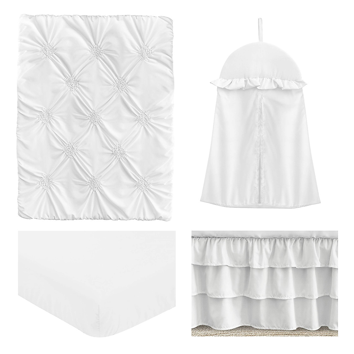 Sweet Jojo Designs Solid Color White Shabby Chic Harper Baby Girl Crib Bedding Set 4 pieces