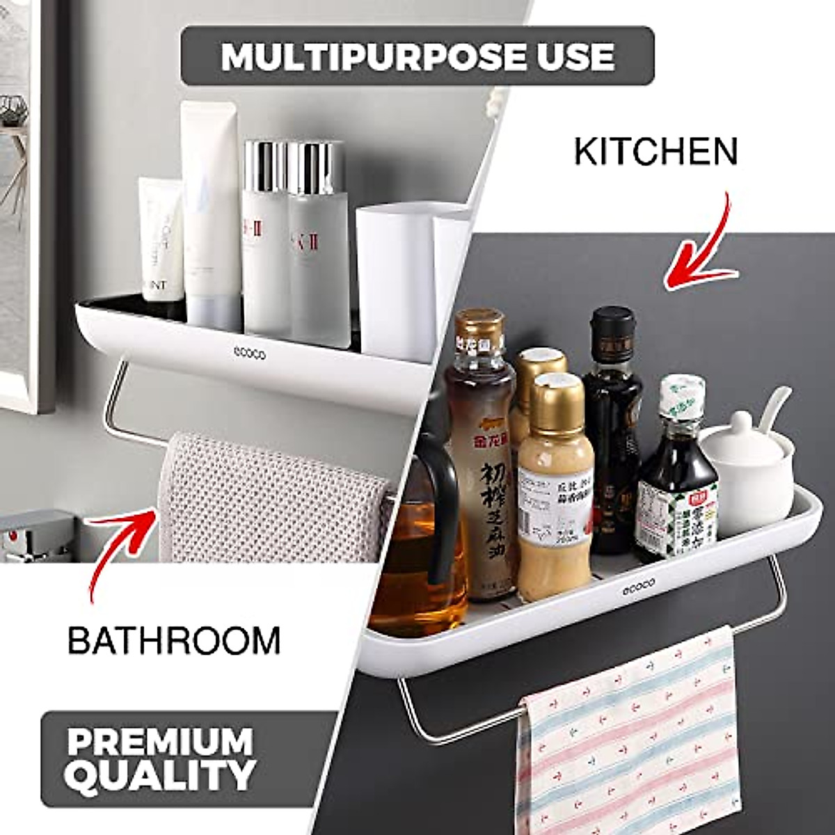 Bathroom Organizer - Wall Mounted Shower Caddy Shelf - With Towel Rail - Extra Strong Self Adhesive - No Drilling - Easy Drainage - Rustproof. (White/Gray)