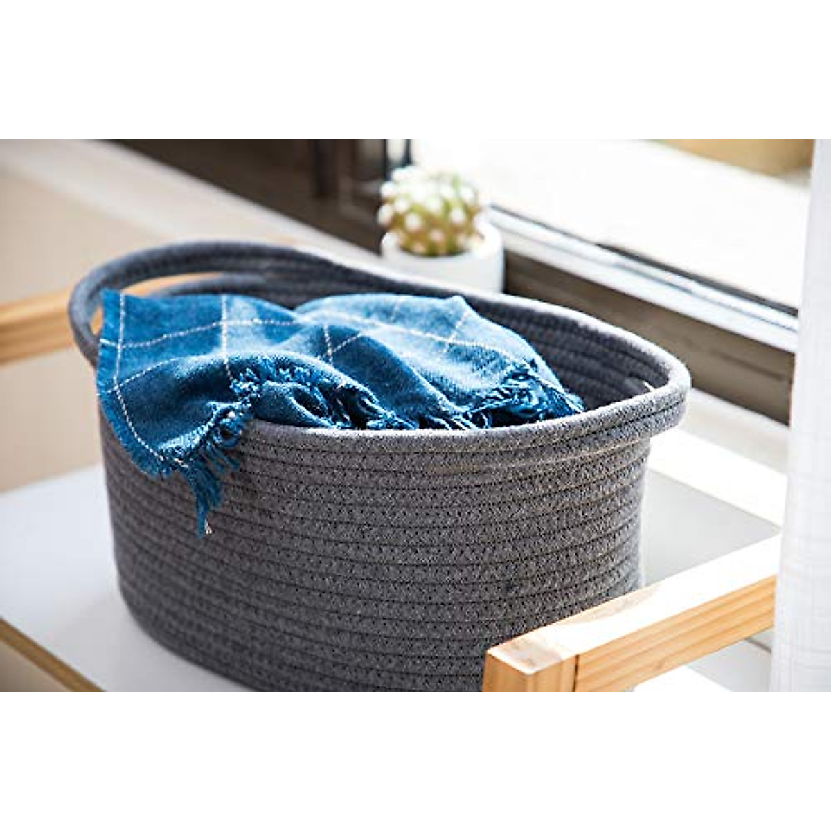 Home Zone Living Woven Basket for Home Storage with 2 Cotton Rope Handles, 100% Cotton, 14.00” x 7.00” x 7.00”, Gray, VS19578E