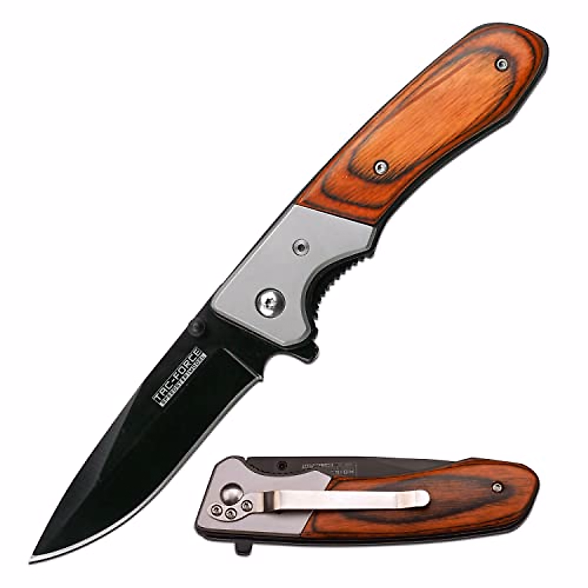 TAC FORCE Spring Assisted Folding Pocket Knife – Black Stainless Steel Drop Point Blade, Brown Wood Handle with Stainless Steel Bolster, Pocket Clip, Tactical, EDC, Rescue - TF-469