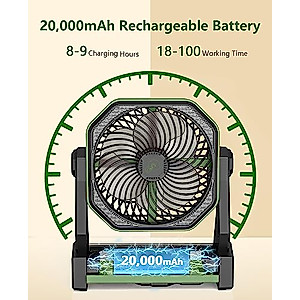 TDONE Camping Fan Portable Rechargeable Fan 20000mAh 8-Inch Battery Operated Fan with LED Lights & Hook, Personal Desk Fan for Home, Office, USB Battery Powered Fan for Tent, Camping, Fishing