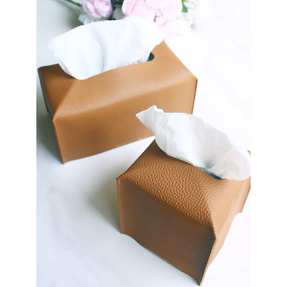 Tissue Box Cover Large Rectangular – Plus Size Leather Tissue Box Holder with Bottom Belt [JESMINI, Camel Brown] Long Rectangle Tissue Holder for Bathroom/Car/Office Decor