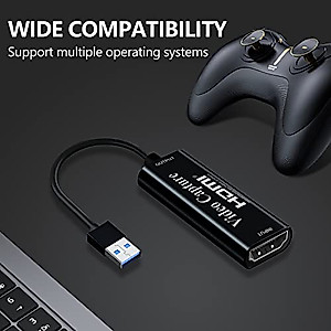 Video Capture Cards, 4K HDMI to USB Video Capture Device, 1080P HD Broadcast Live and Record Video Audio Grabber for Gaming, Streaming, Teaching, Video Conference (Black)