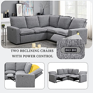 L-Shaped Sectional Sofa 5-Seat Convertible Sofa with Power Recliner Chair and USB Port Linen Fabric Upholstered Couch Modern Large Cloud Couch for Living Room (Grey)