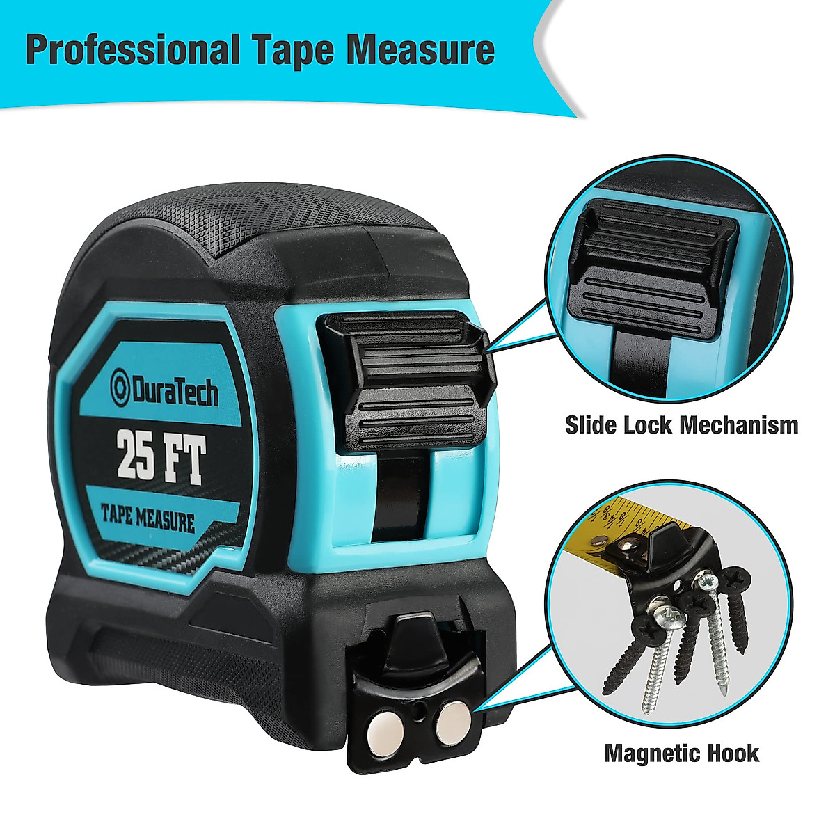 DURATECH Magnetic Tape Measure 25FT with Fractions 1/8, Retractable Measuring Tape, Easy to Read Both Side Measurement Tape, Magnetic Hook and Shock Absorbent Case for Construction, Carpenter