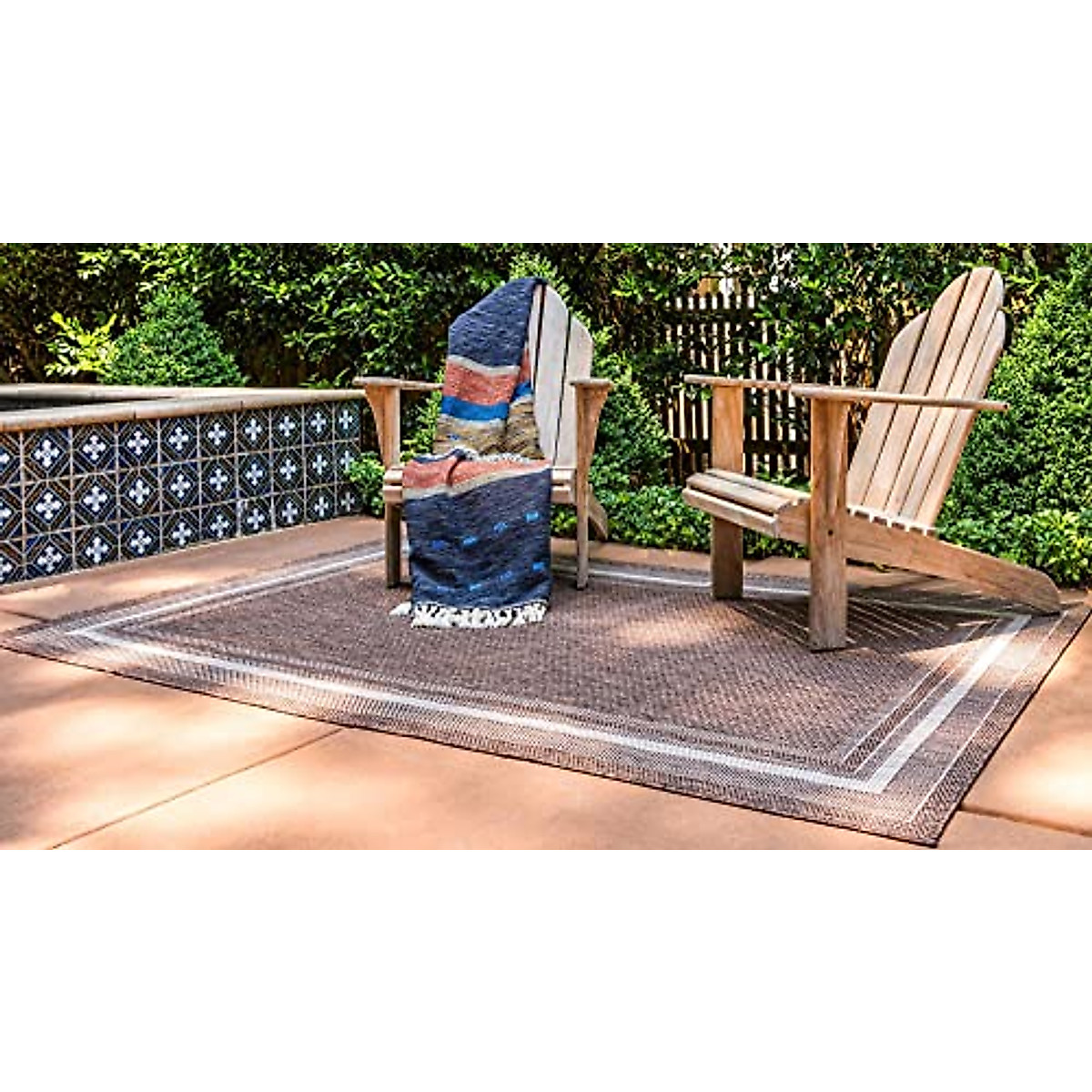 Unique Loom Outdoor Border Collection Area Rug - Soft Border (9' x 12' Rectangle, Brown/ Ivory)