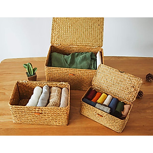 AOMYGOD 3 Pcs Wicker Shelf Storage Baskets with Lid Handwoven Seagrass Rectangular Box with Cover Household Woven Rattan Organizer Bins Shelf Wardrobe Organizer (Beige)