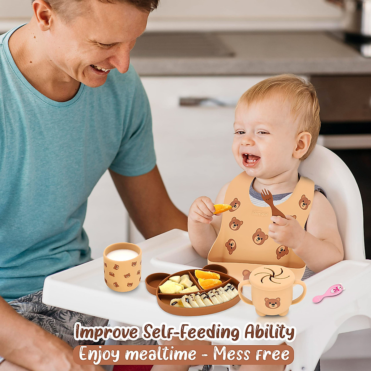 THE BABY BOUTIQUE Baby Led Weaning Supplies - 7 PCS Teddy Bear Silicone Baby Feeding Set : Suction bowl, Baby utensils, Plate, Bib, Snack cup and Drinking cup - Perfect Complement for Nutribullet Baby