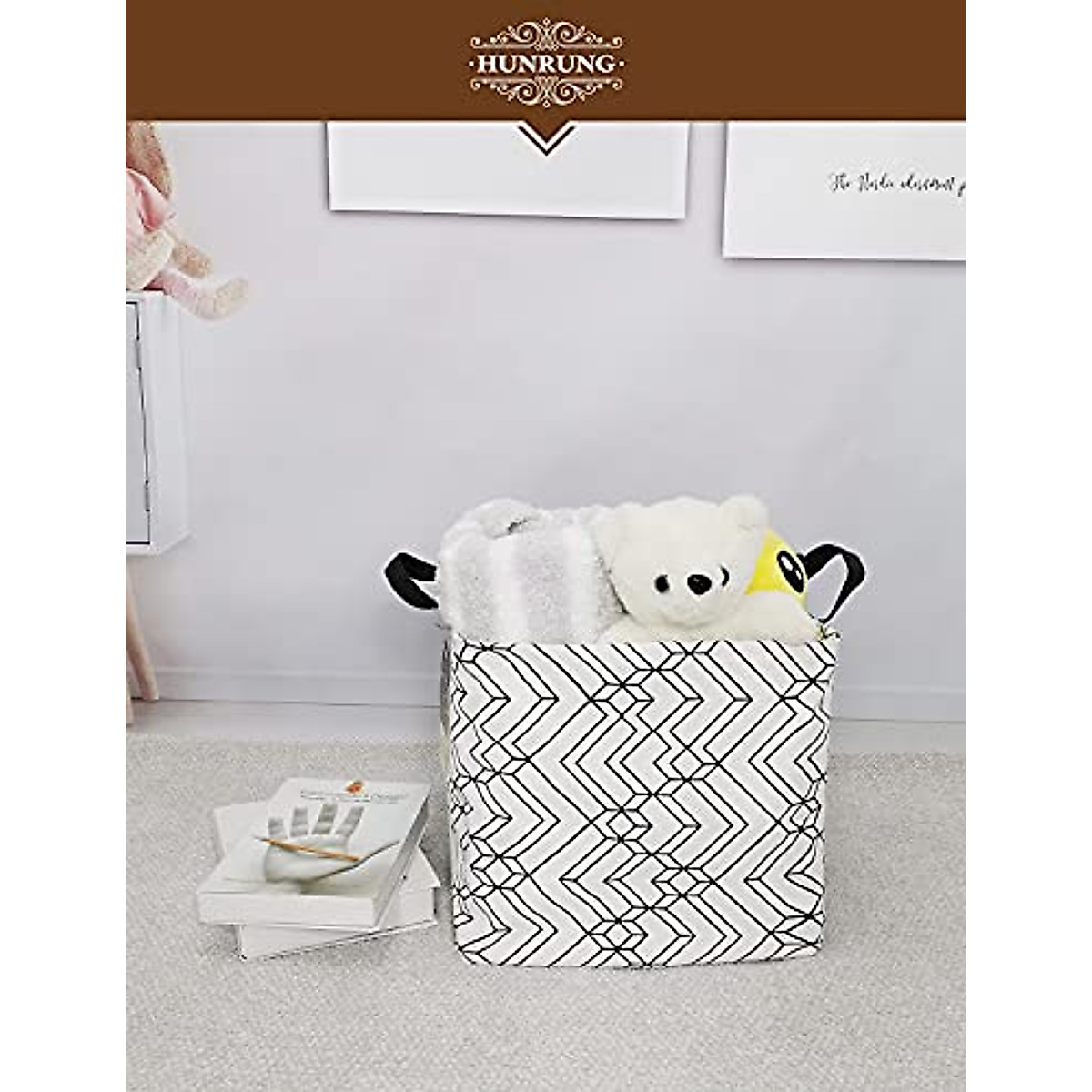 HUNRUNG Square Storage Bins Nursery Hamper Canvas Laundry Basket Foldable with Waterproof Nursery Boxes for Shelves/Gift Baskets/Toy Organizer/Office, Bedroom (Square-black transverse geometry)