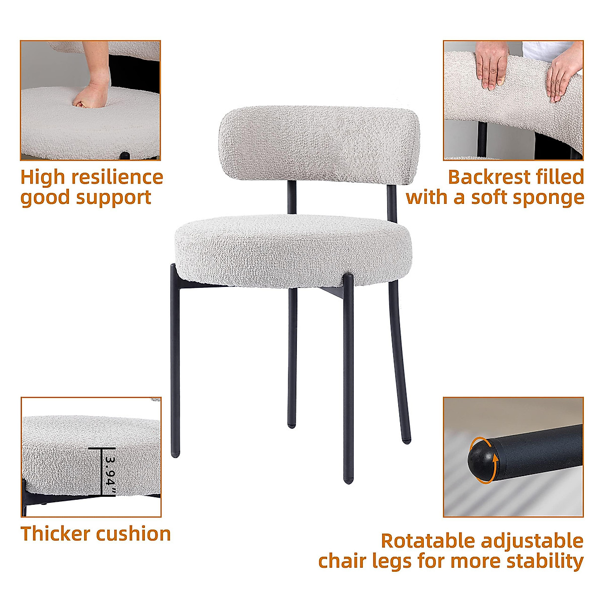 DYHOME Light Grey Dining Chairs Set of 4, Modern Dining Room Chairs Mid-Century, Round Upholstered Kitchen Chairs with Black Metal Legs, Boucle Sherpa Dining Chair