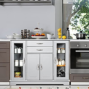 Hysache Buffet Sideboard, Kitchen Storage Cabinet w/2 Drawers & 3 Cabinets, Multifunctional Sideboard Console Table w/Adjustable Glass Shelves for Kitchen, Living Room, Dining Room (Grey)