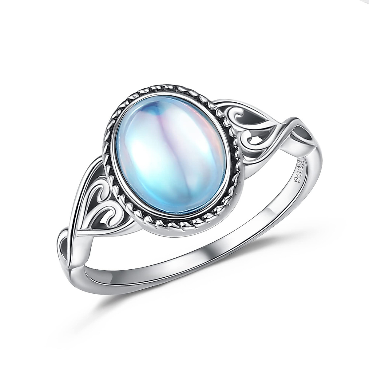 MILACOLATO Moonstone Rings for Women 925 Sterling Silver Jewelry | 18K White Gold Vintage Celtic Knot Rings | Bezel Solitaire Rings | 5/6/7/8/9/10/11, Sterling Silver, Cubic Zirconia