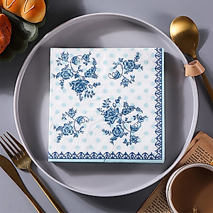 Blue Paper Cocktail Napkins Floral, Pack of 20, 2-Ply Disposable Party Pattern Napkins Decorative