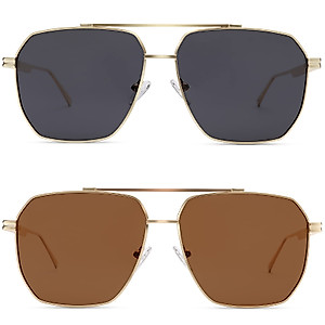 Hycredi Oversized Polarized Sunglasses for Women Men Retro Square Trendy Sun Glasses Classic Large Metal Shades UV400 (Gold/Grey + Gold/Brown)