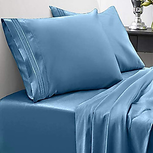 Split King Sheets - Breathable Luxury Sheets with Full Elastic & Secure Corner Straps Built In - 1800 Supreme Collection Extra Soft Deep Pocket Bedding Set, Sheet Set, Split King Size, Denim