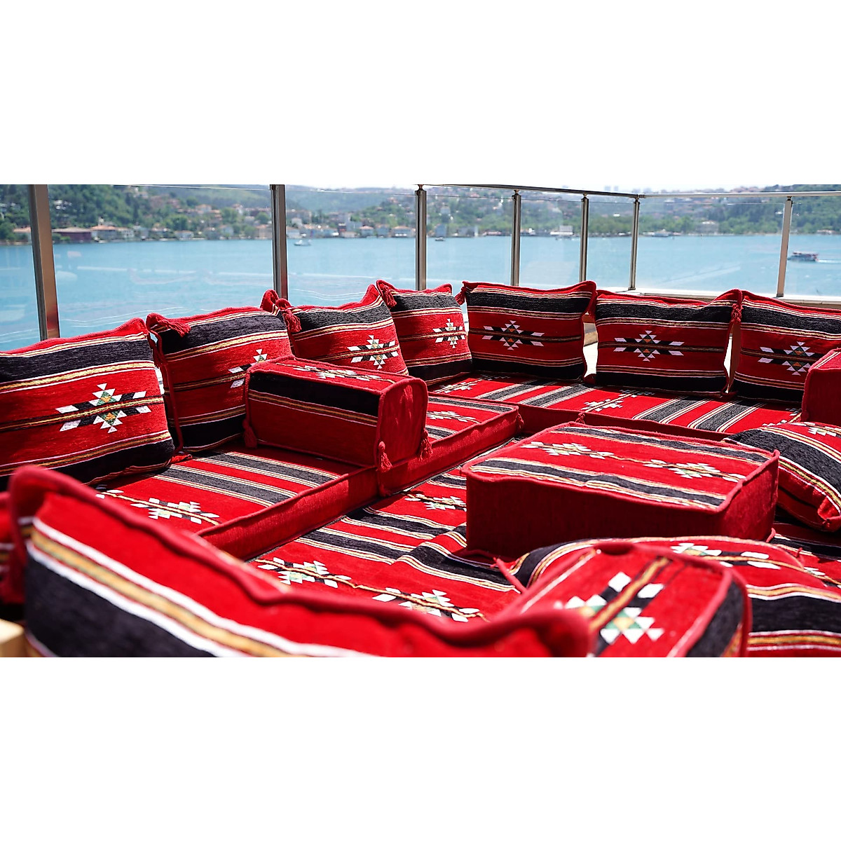 Red Corner Floor Sofa Seating Set, U Shaped Arabic Sofa Set, Oriental Floor Seating, Floor Cushions, Living Room Sofa, Arabic Majlis,Floor Couch (U Sofa Full Set)