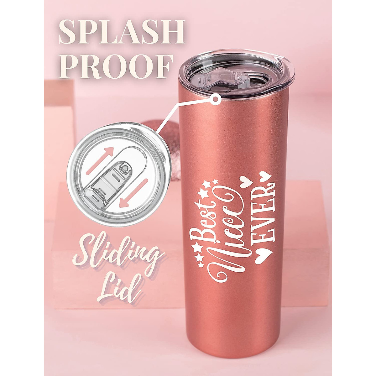 Onebttl Niece Gifts from Aunt, Best Niece Ever Birthday Gifts, Insulated Stainless Steel Wine Tumbler with Lid and Straw, from Uncle, Perfect for Birthday, Christmas, Rose Gold - 20oz/590ml