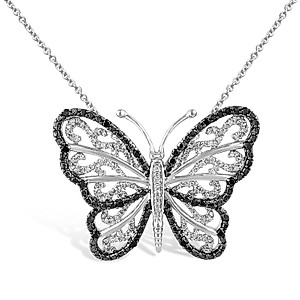Jewelili Womens Sterling Silver with 1/3 Cttw Treated Black and Natural White Round Diamond Butterfly Necklace, 18" Rolo Chain
