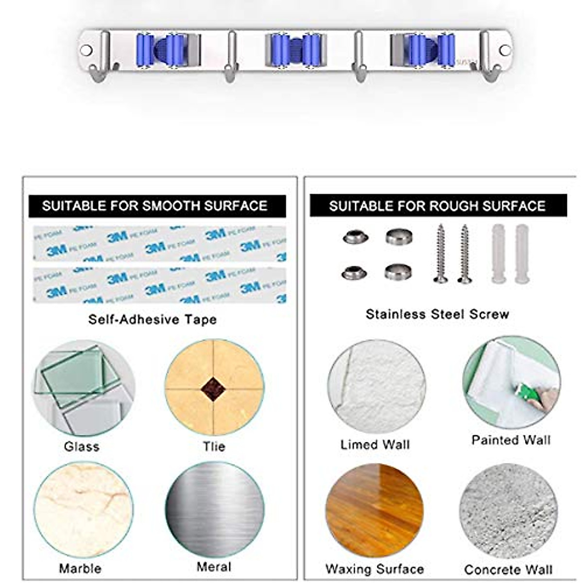 EVV Broom Holder Wall Mount 2 Packs Broom Holder Organizer with 3 Utility Racks 4 Hooks,Broom Mop Hanger,Organizer,Holder, Hooks,Storage for Laundry Room Garden Garage Closet Kitchen