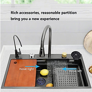 Kitchen Sink Single Bowl Sink Flying Rain Waterfall Sink Household Sink, Workstation Kitchen Sink Domestic Sink Set,Integrated Sink with Pull-Out Tap, Chopping Board,Cup Washer (80×45×21cm)