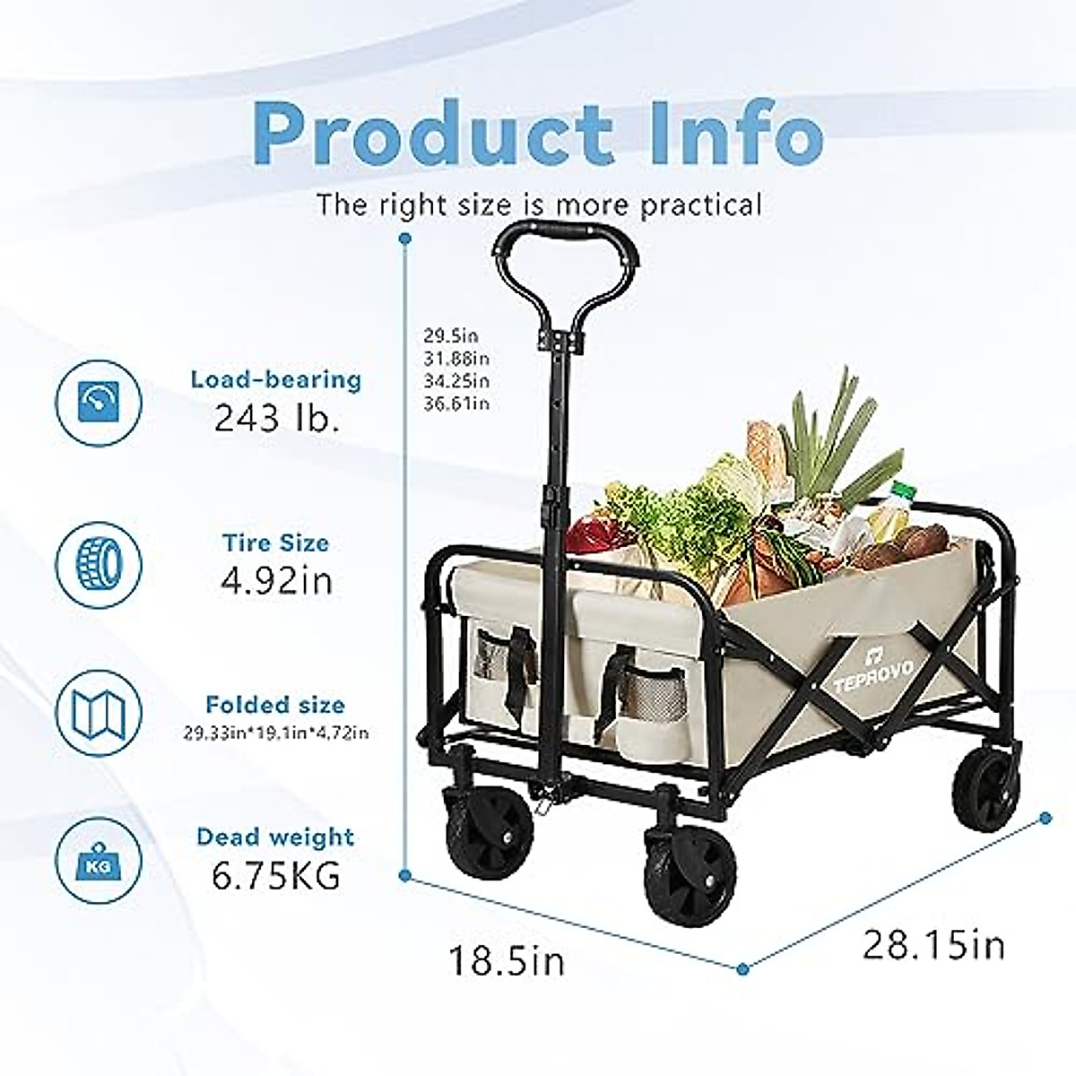 Folding Wagon Portable Collapsible Wagon by Teprovo,243lbs Capacity Utility Wagon Garden Cart with Rolling Wheels and Adjusted Handle