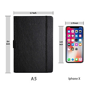 Thick Hardcover Notebook/Journal with A5 120gsm Premium Paper, College Ruled Bound with Pen Holder, Black Leather, 3 Ribbon Marker, Inner Pocket, 8.4 x 5.7 in