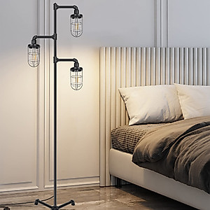 CONCA Steampunk Three Head Floor lamp, Tree Industrial Floor lamp, Rustic Edison Bulb, cage Shade Floor lamp (Black)