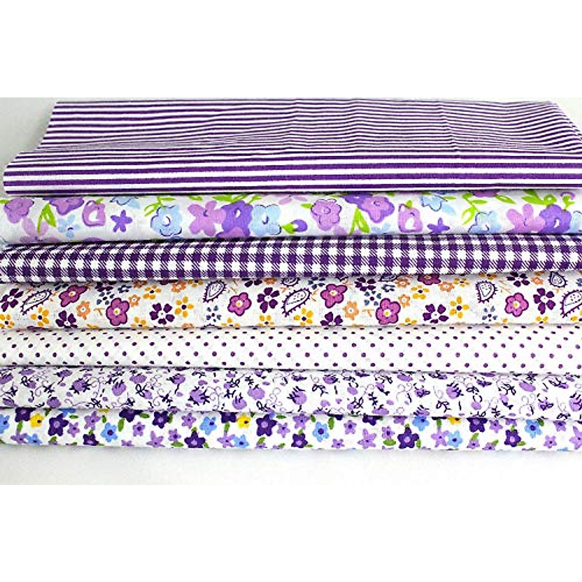 Life Glow 7pcs 20x20 inch (50x50cm) Cotton Craft Fabric Bundle Pre Cut Squares Patch Work DIY Sewing Quilting for DIY Handmade Craft Sewing Clothes Purple Style Floral, Polka dots, Stripe and Plaid