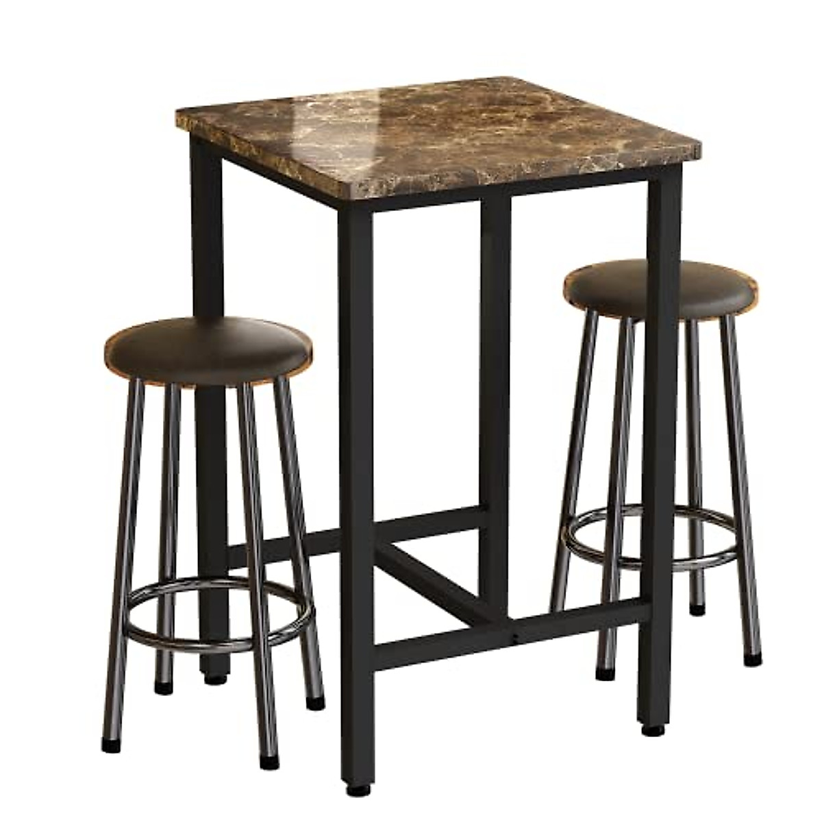 AWQM 3 Piece Dining Table Set Bar Table and Chairs Set for 2 Faux Marble Kitchen Counter Height Dining Table Set with 2 Padded Stools 3-Piece Modern Pub Table Set, Marble Brown, 23.6"