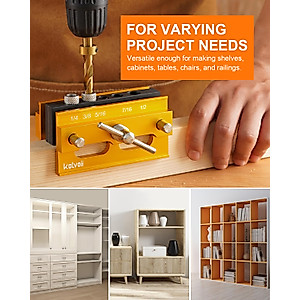 Kolvoii Self Centering Doweling Jig, Dowel Jig Kit Width Adjustable for Straight Holes Biscuit Joiner Tools with 3 High Speed Steel Drill Bits, 6 Drill Guide Bushings(Gold)