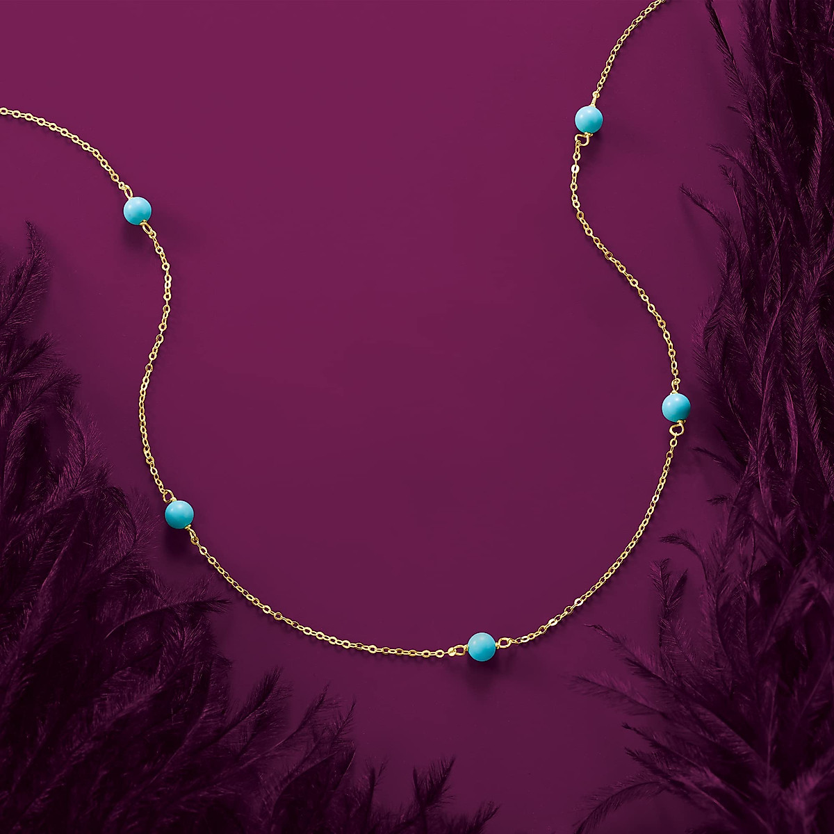 Ross-Simons Italian 4mm Turquoise Bead Station Necklace in 14kt Yellow Gold. 16 inches