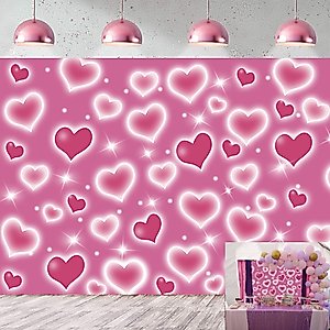 DYANG Early 2000s Pink Heart Backdrop Glitter Heart Romantic Valentine Day Party Photography Background Baby Shower Sweet 16 18th 21th 30th Female Birthday Banner Decor(7x5FT)