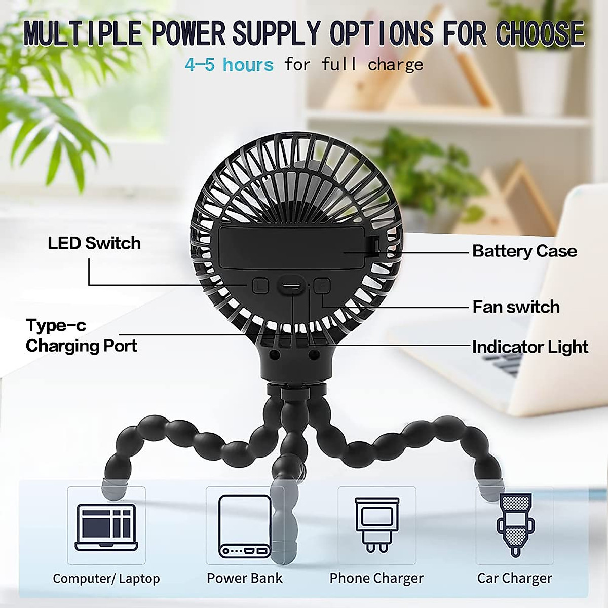 AGWIM Baby Fan for Stroller, Battery Operated Handheld Fan, Rechargeable Desk Fan with 3 Speeds & Led Light & Aromatherapy, Flexible Tripod Clip On Fan for Car Seat Crib Bike Treadmill (Black)