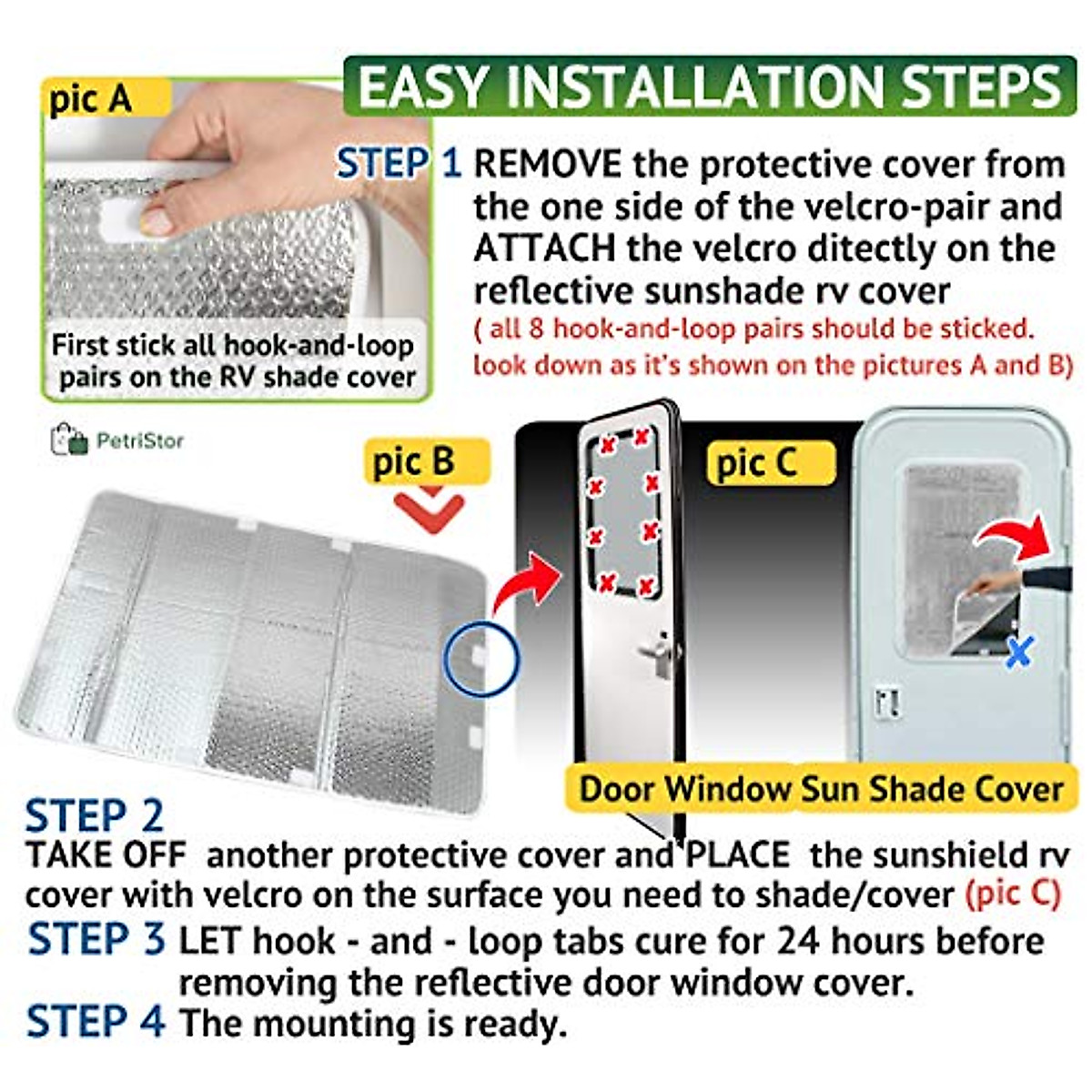 PetriStor 16 X 25 Sun Shield RV Reflective Door Window Cover Helps Protect Your RV from Harmful UV Rays and Regulates RV Temperature White