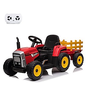 Nasitip 12V Kids Battery Powered Electric Tractor with Trailer, Toddler Ride On Car w/Remote Control, 7-LED Headlights, 2+1 Gear Shift, MP3 Player USB Port for Kids 3-6 Years (Red, 35W/ EVA Tire)