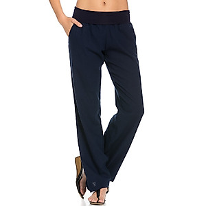 Poplooks Women's Comfy Fold Over Linen Pants (Medium, Navy)