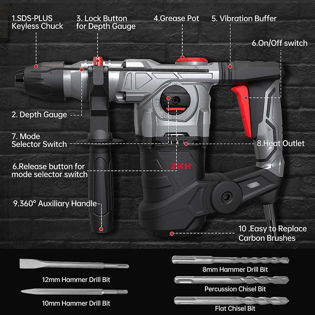 ZKH 1-1/4" SDS-Plus Rotary Hammer Drill for Concrete, 12.5 Amp Corded Heavy Duty Rotary Hammer with Safety Clutch, 4 Functions Vibration Control, Includes Chisels, Drill Bits, Grease and Carrying Case